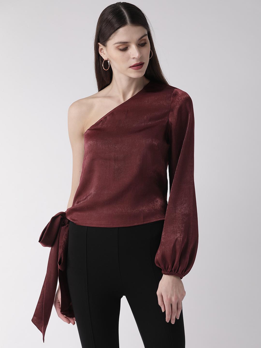 Buy 20Dresses Women Maroon Solid Satin Finish One Shoulder Top - Tops ...