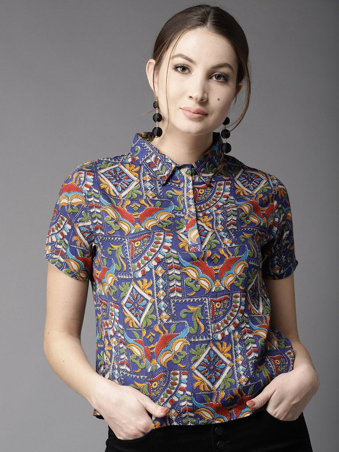 Buy HERE&NOW Blue & Red Ethnic Motifs Shirt Style Top - Tops for Women ...