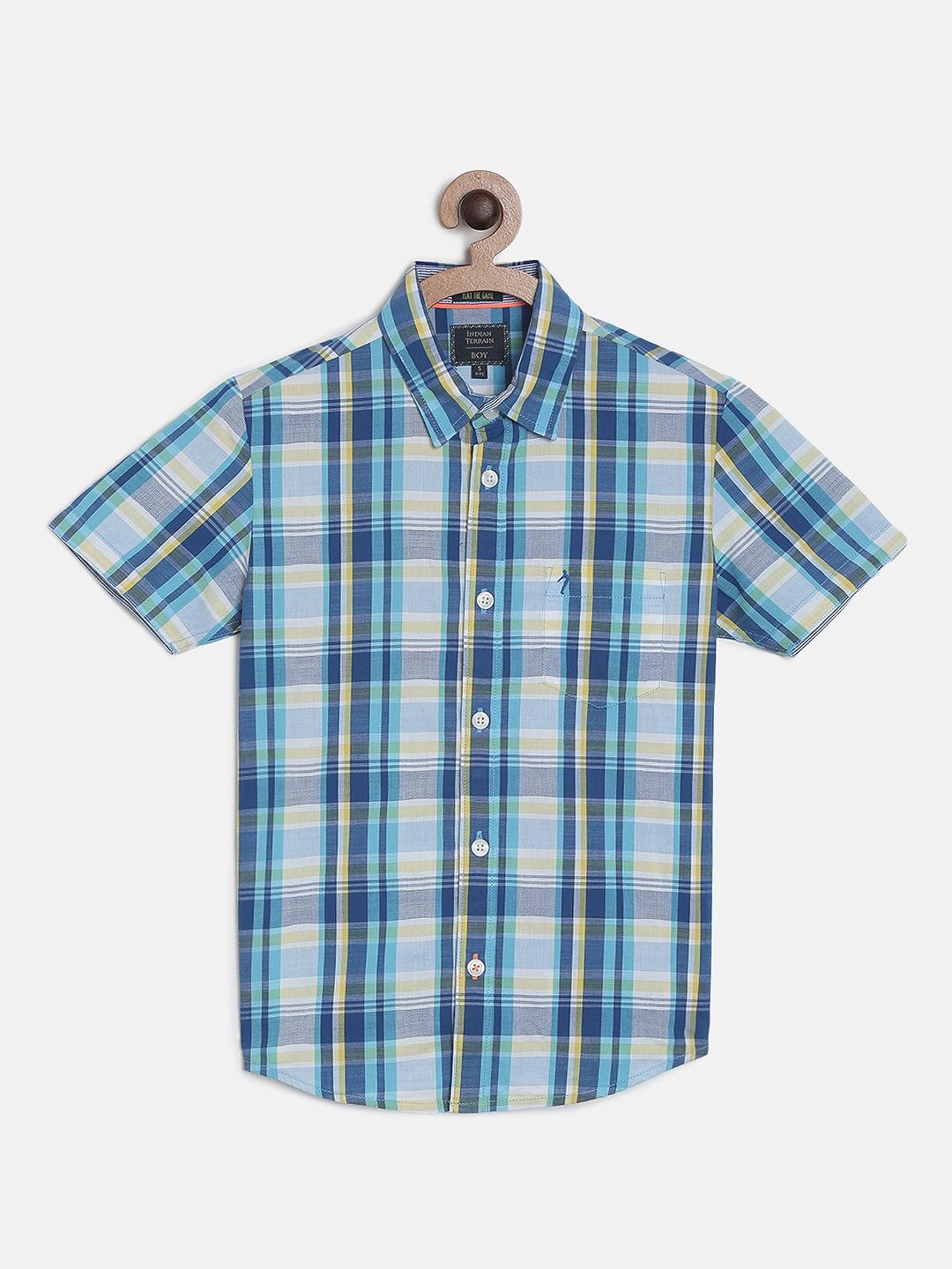 Buy Indian Terrain Boys Blue & White Regular Fit Checked Casual Shirt ...