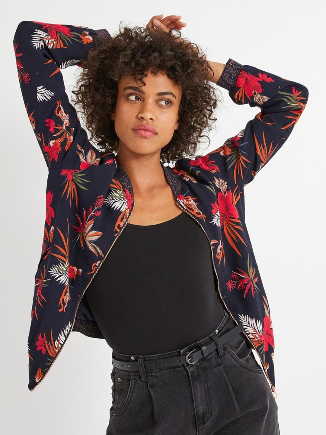 Buy Promod Women Navy Blue & Pink Tropical Printed Bomber Jacket ...