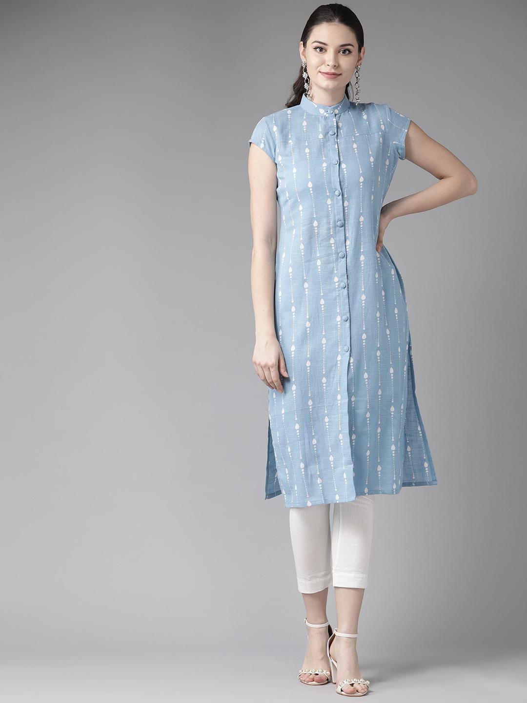 Buy See Designs Women Blue & White Khari Print Straight Kurta - Kurtas ...