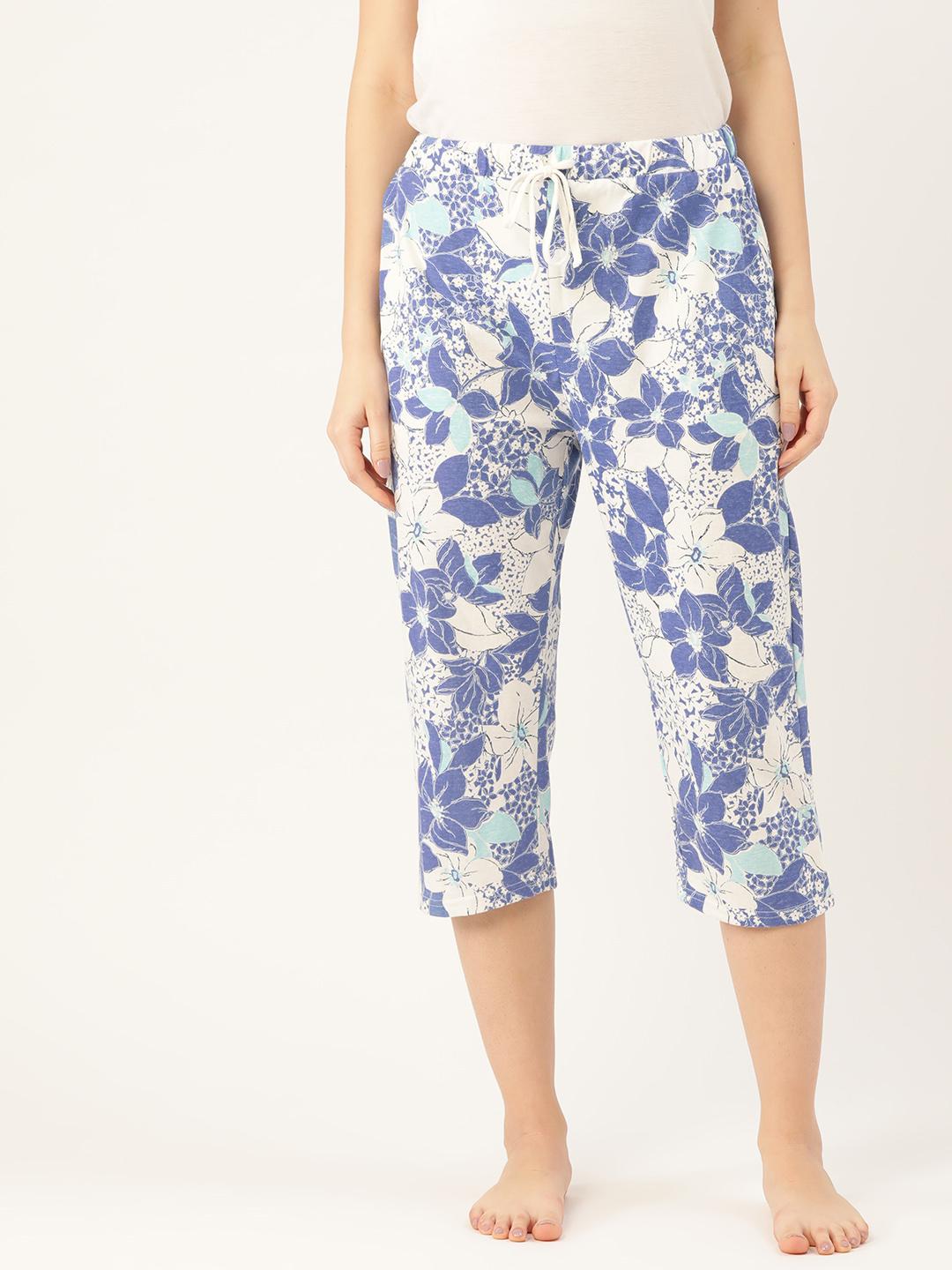 Buy 9teenAGAIN Women White & Blue Printed Regular Fit Lounge Capris ...