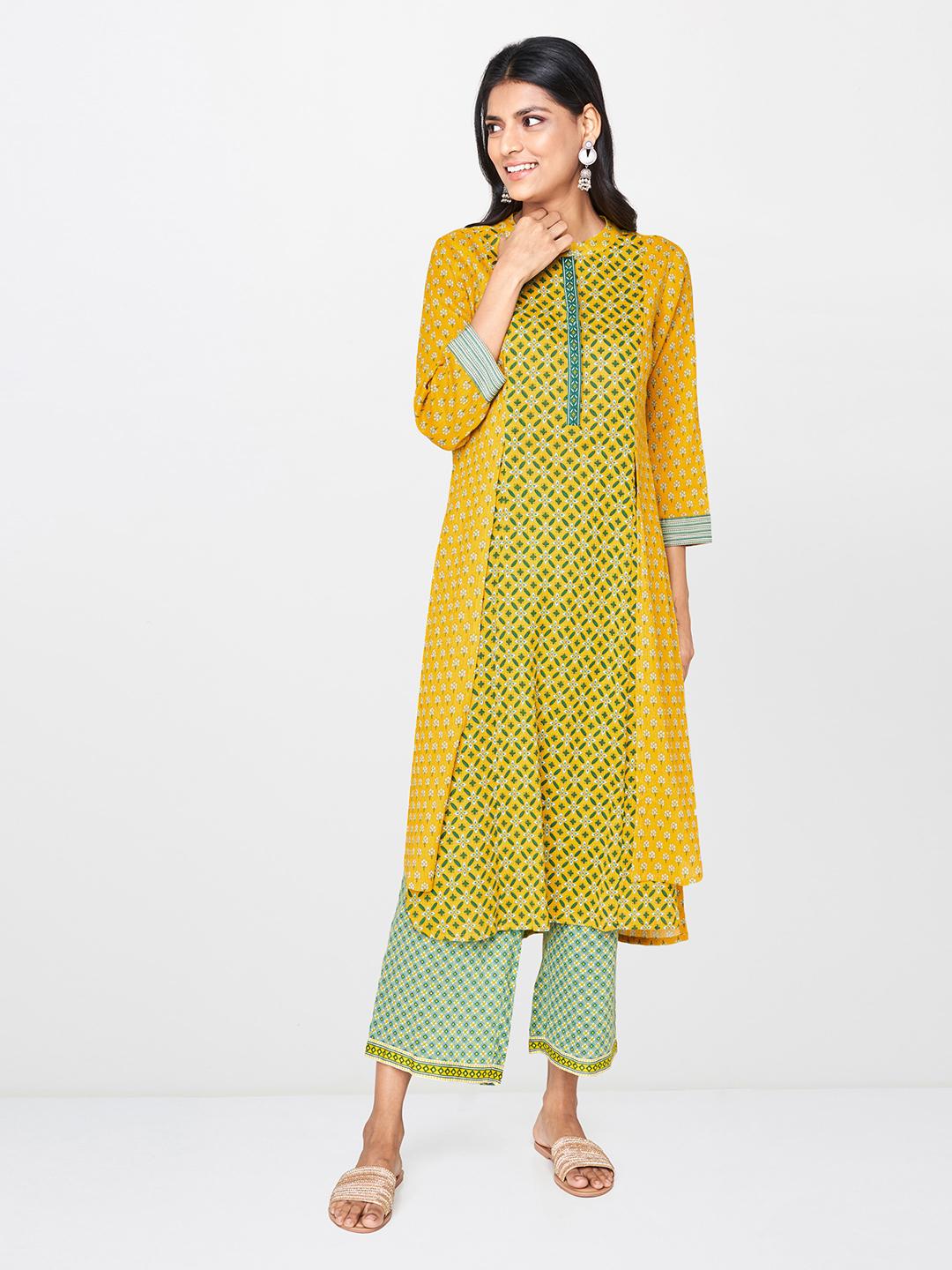 Buy Global Desi Women Mustard Yellow & Green Printed Layered Straight ...