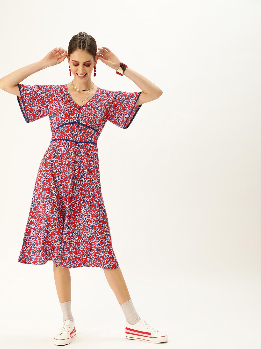Buy Antheaa Women Red & Blue Dobby Printed Skater Fit And Flare Dress ...