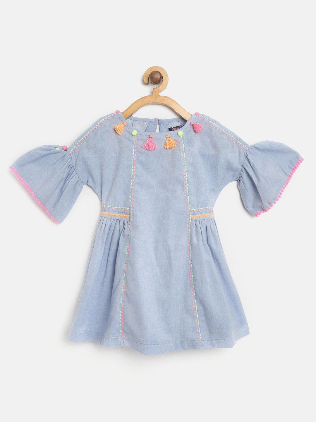 Buy Nauti Nati Girls Blue Embroidered Cold Shoulder A Line Dress ...
