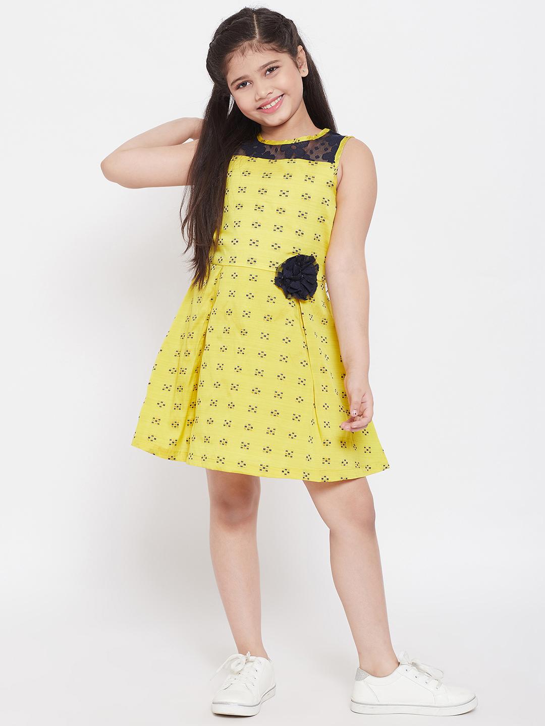 Buy Stylo Bug Girls Yellow & Black Self Design Fit And Flare Dress With ...