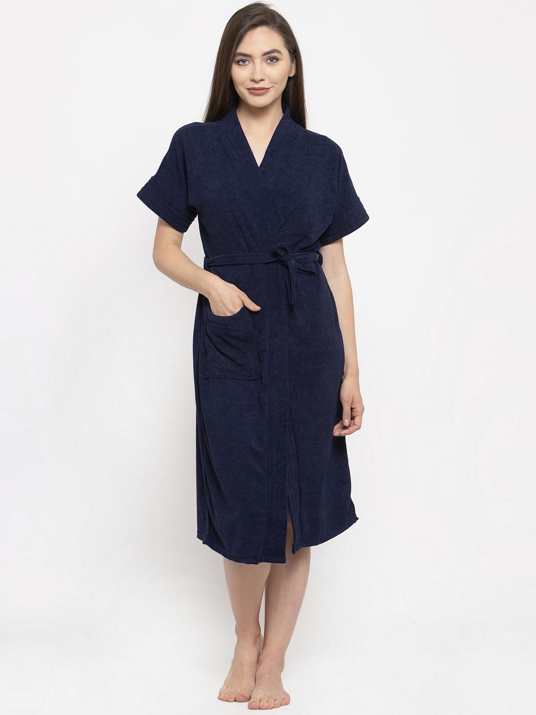 Buy ELEVANTO Bathmusic Navy Blue Solid Terrycloth Drawstring Knee ...