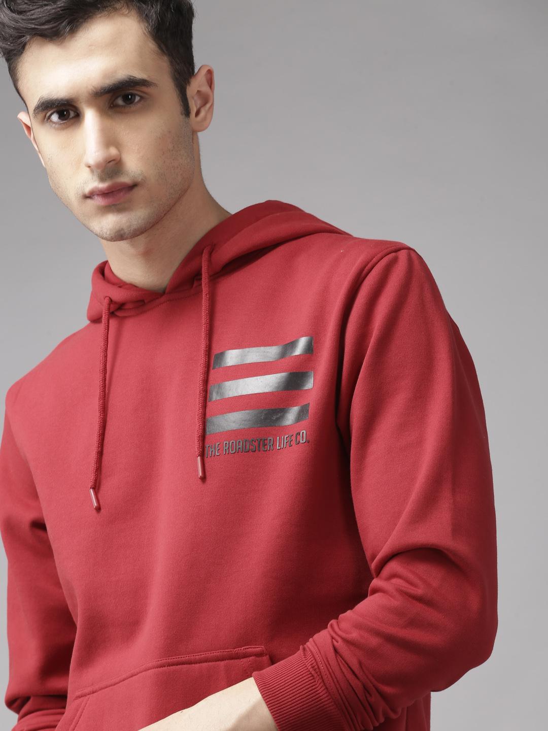 Buy Roadster Men Red Solid Hooded Sweatshirt - Sweatshirts for Men ...