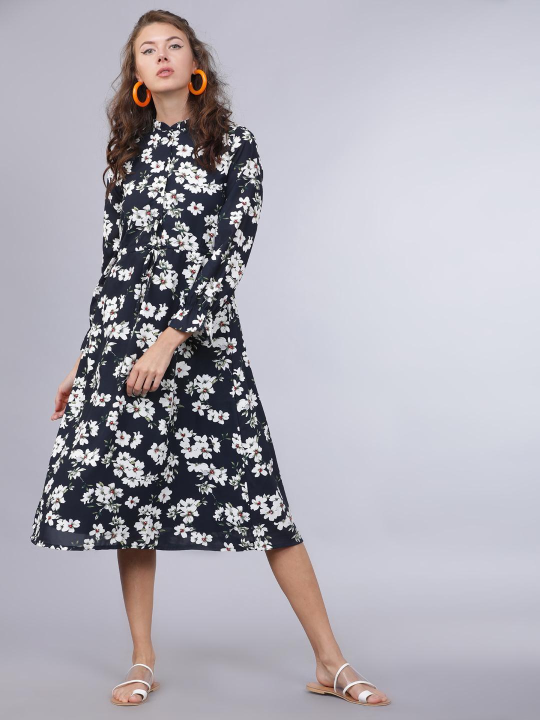 Buy Mumbai Slang Chic Women Navy Blue Printed A Line Dress - Dresses ...
