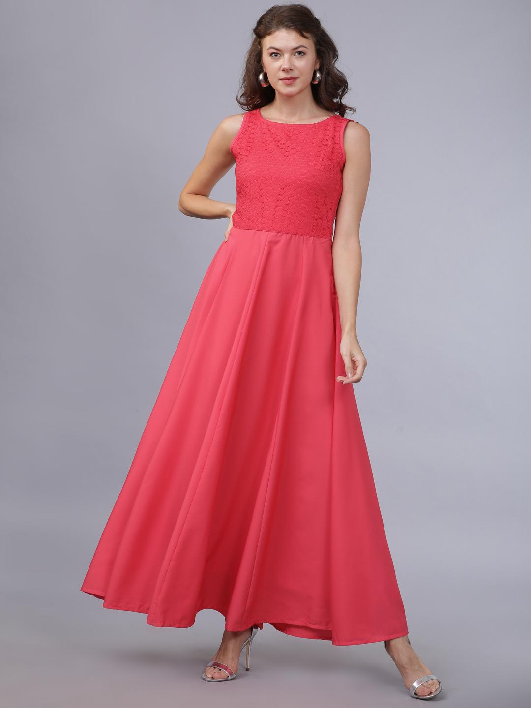 Buy Mumbai Slang Chic Women Coral Pink Solid Maxi Dress - Dresses for ...