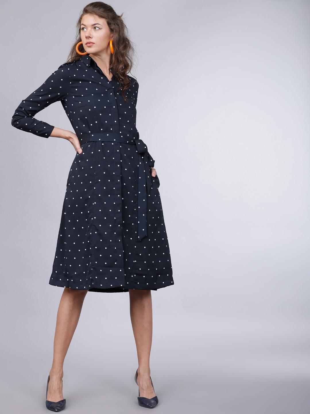 Buy Mumbai Slang Chic Women Navy Blue Printed Shirt Dress - Dresses for ...