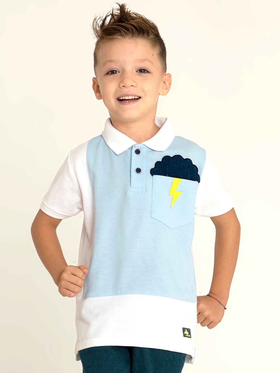 Buy Cherry Crumble Unisex Kids Blue & White Colourblocked Polo Collar T ...