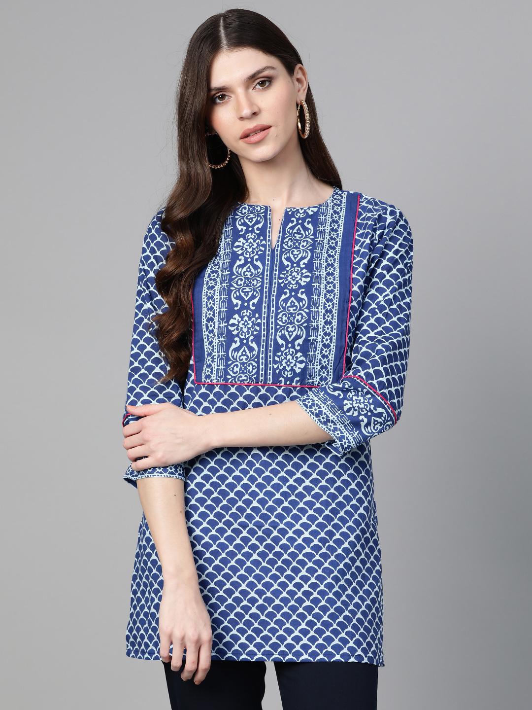 Buy Bhama Couture Blue & White Printed Tunic - Tunics for Women ...
