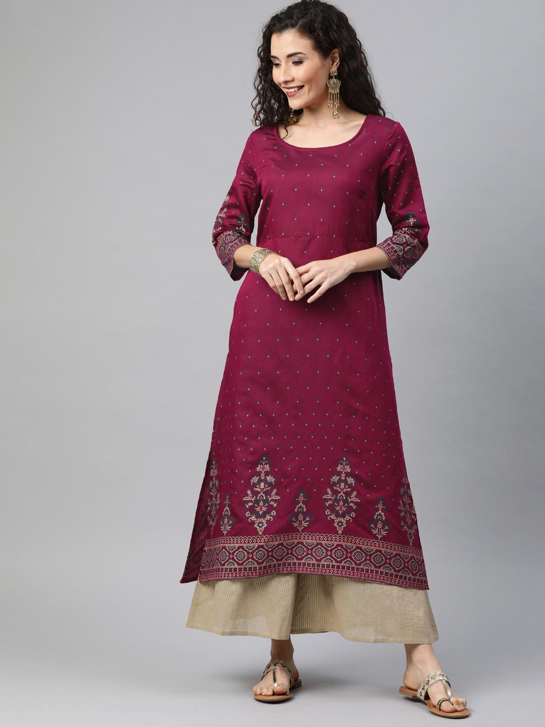 Buy Anouk Women Burgundy & Beige Printed A Line Kurta - Kurtas for ...