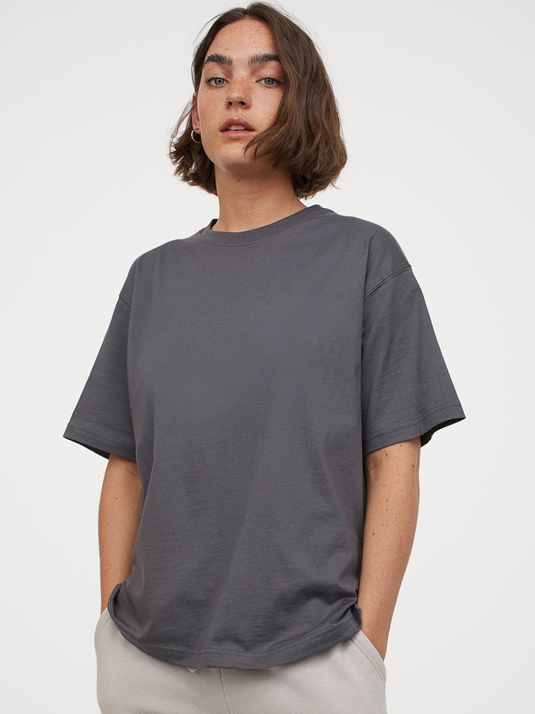 Buy HM Women Grey Solid Wide Cotton Pure Cotton T Shirt - Tshirts for ...