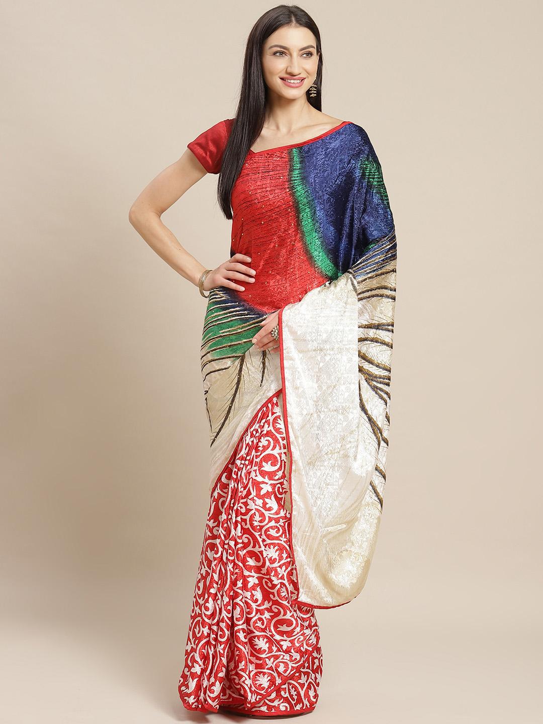 Buy Mitera Off White & Red Printed Half & Half Saree - Sarees for Women ...