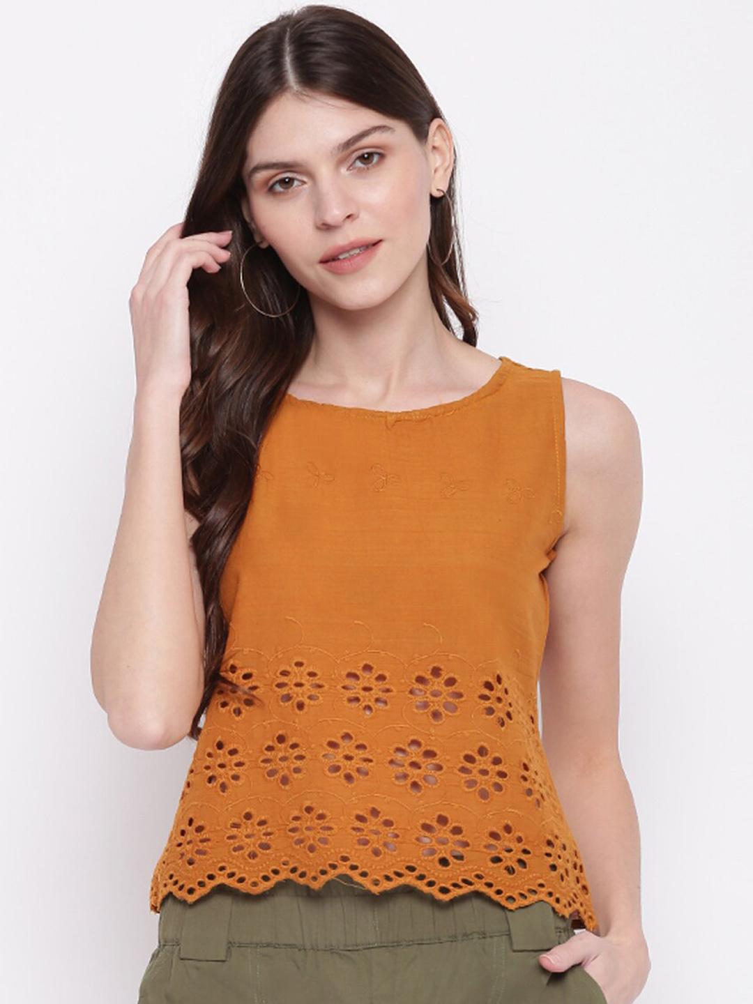 Buy Mayra Women Mustard Yellow Ethnic Motifs Crop Tank Top - Tops for ...