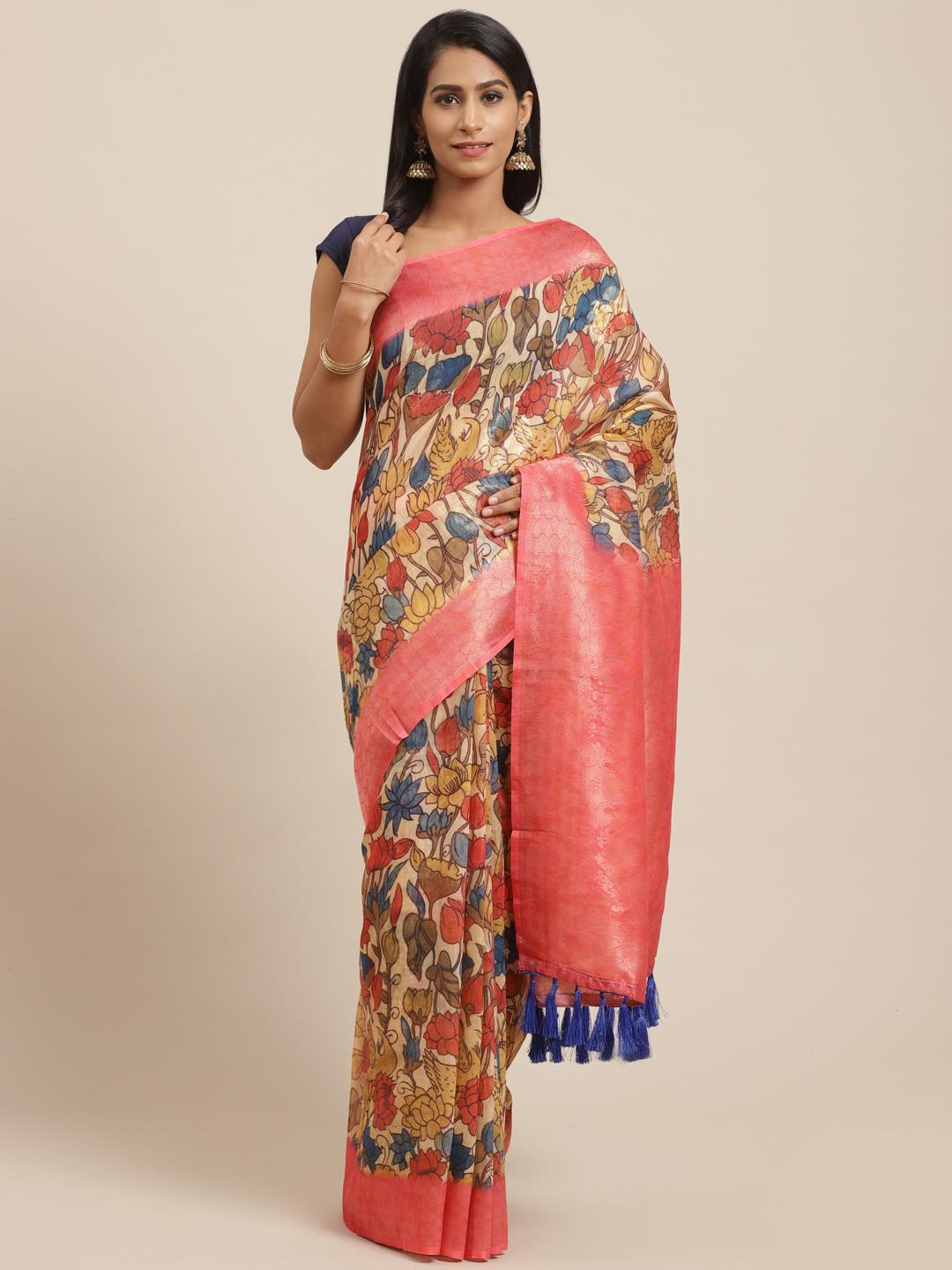 Buy VASTRANAND Beige & Rust Red Printed Banarasi Saree - Sarees for ...