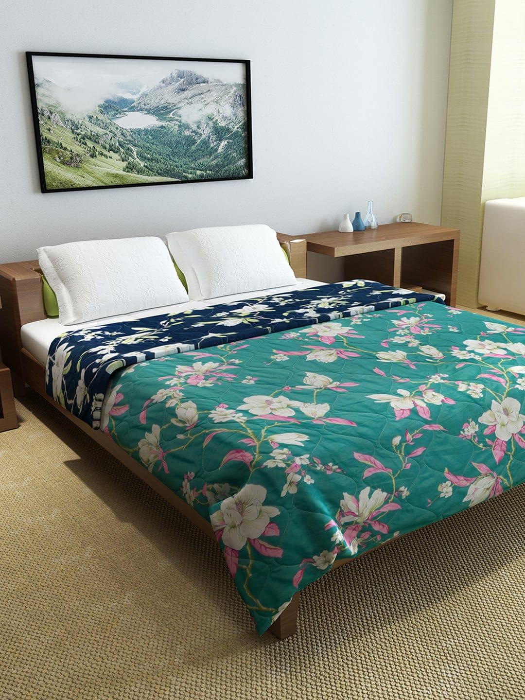Buy Divine Casa Blue & Green Floral AC Room 110 GSM Reversible Double ...