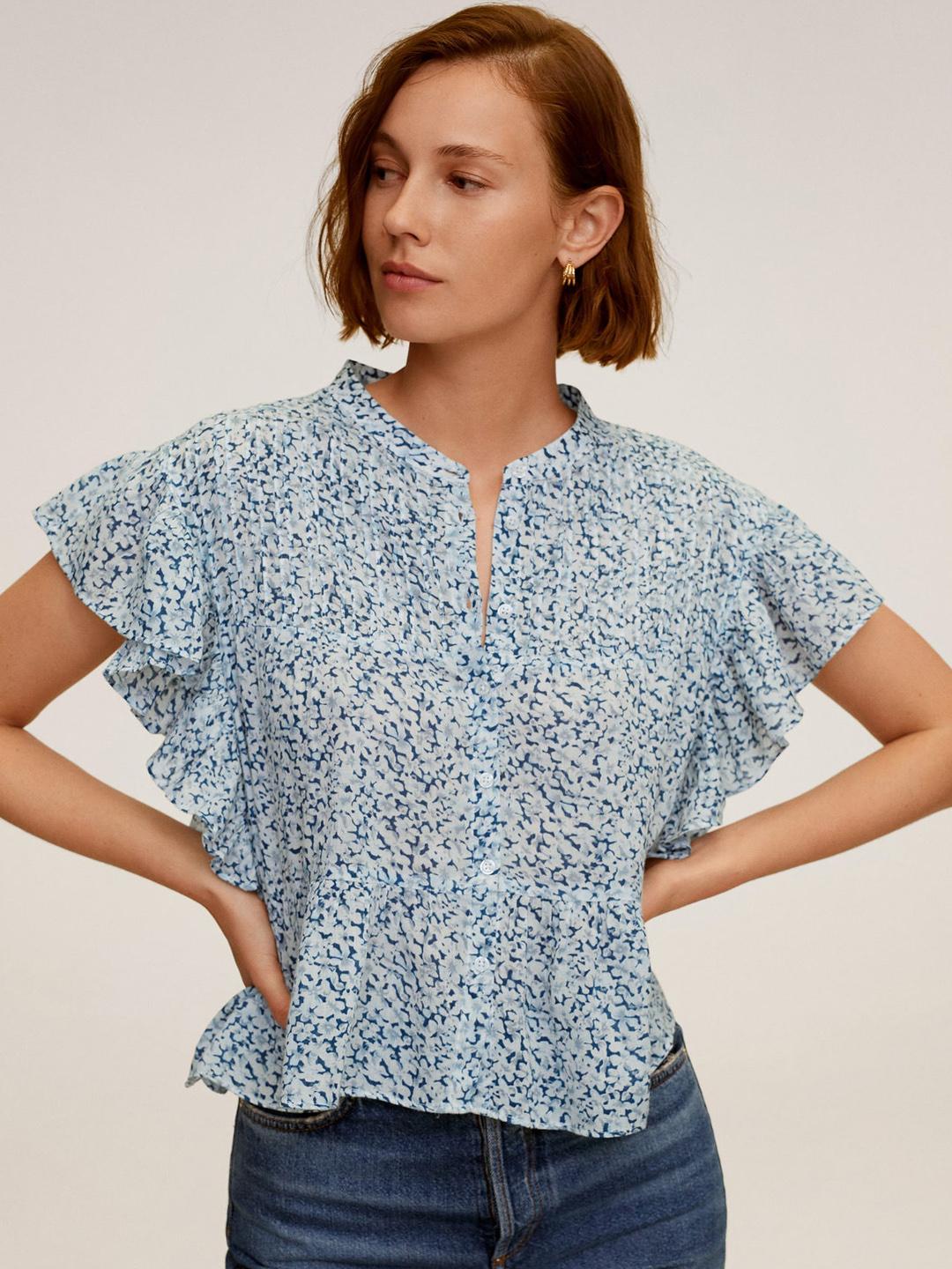 Buy MANGO Women Off White & Blue Floral Print Boxy Pure Cotton Top ...
