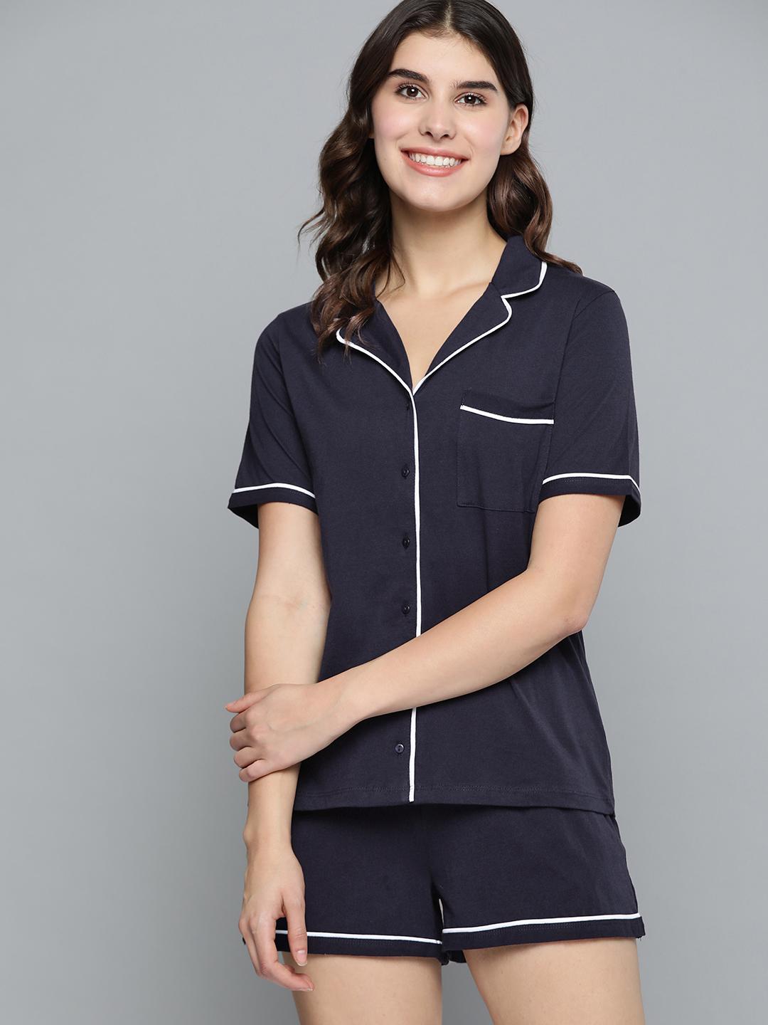 Buy Mast & Harbour Women Navy Blue Pure Cotton Solid Night Suit - Night ...