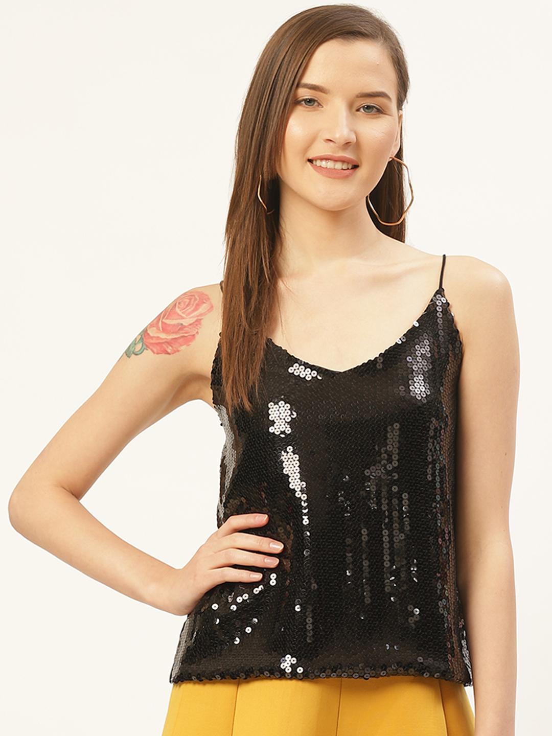 Buy Trend Arrest Women Black Sequinned Sheer Back Top - Tops for Women ...