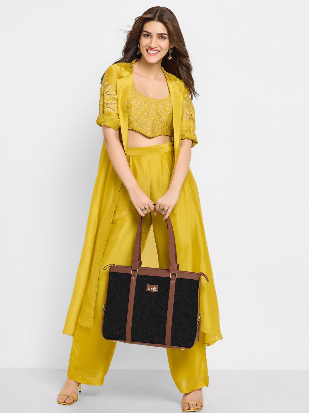 Buy ZOUK Black Solid Vegan Leather Sustainable Laptop Tote Bag ...