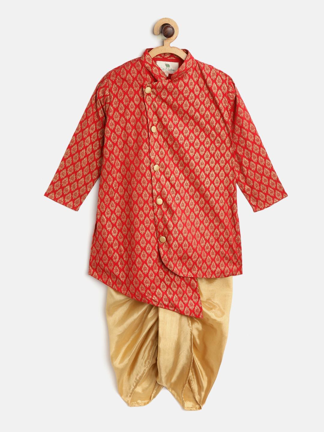 Buy Cute Couture Boys Red & Gold Toned Printed Kurta With Dhoti Pants ...