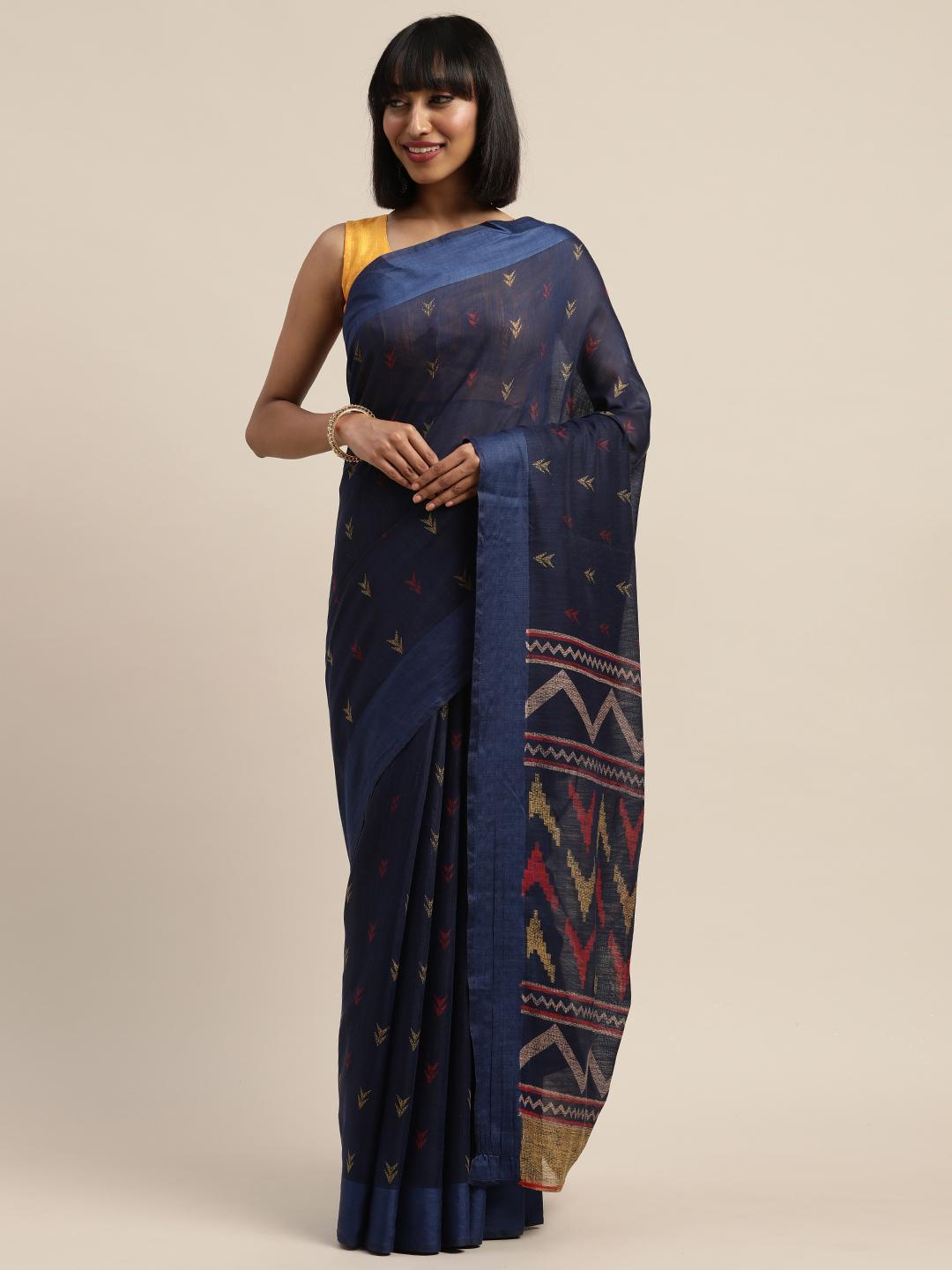 Buy KALINI Navy Blue & Beige Polycotton Printed Saree - Sarees for ...