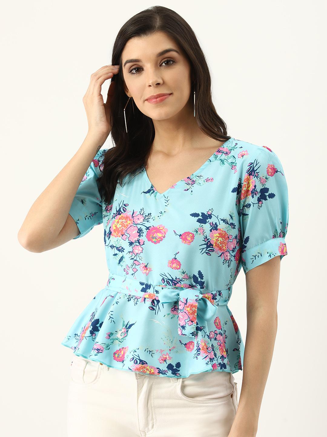 Buy U&F Women Blue & Pink Floral Print A Line Top - Tops for Women ...