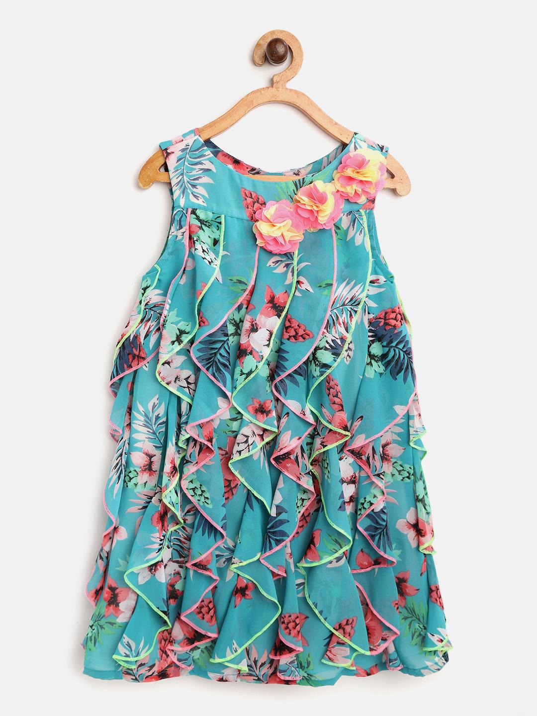 Buy Nauti Nati Girls Teal Green & Pink Floral Printed Ruffled A Line ...