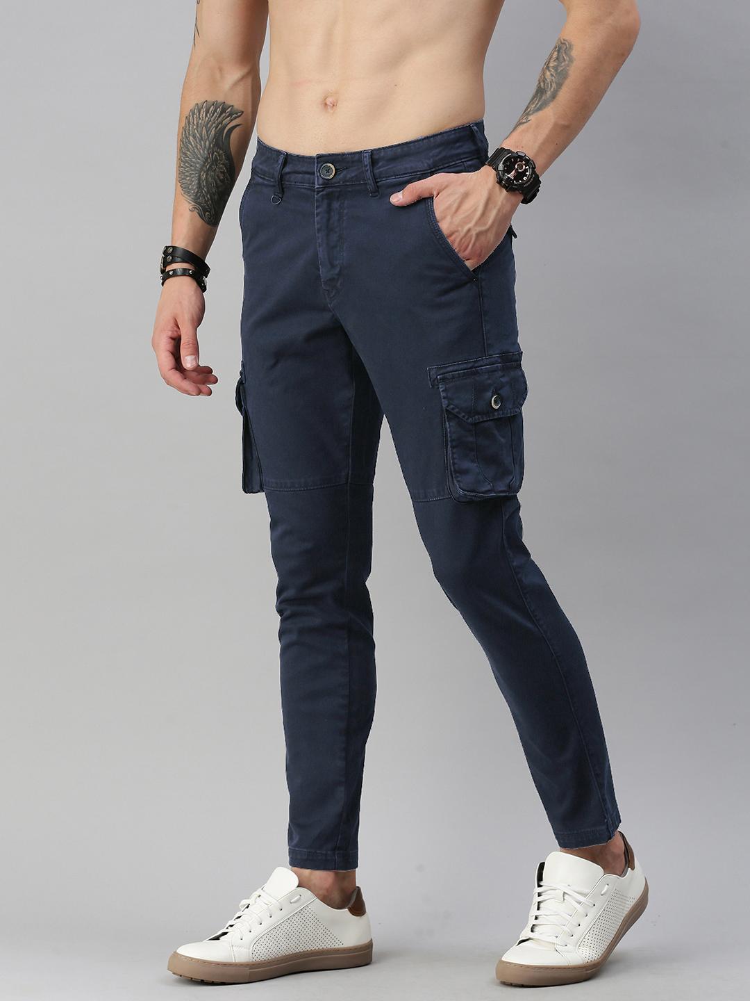 Buy Roadster Men Navy Blue Regular Fit Solid Cargos - Trousers for Men ...