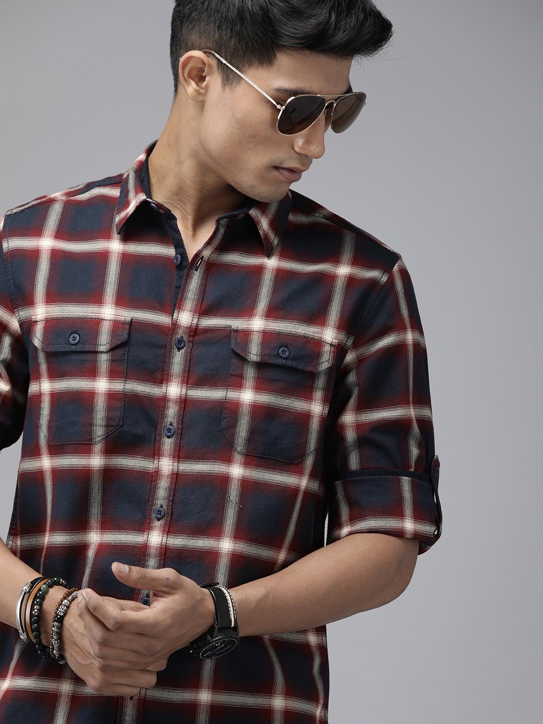 Buy Roadster Men Navy Blue & White Regular Fit Checked Casual Shirt ...