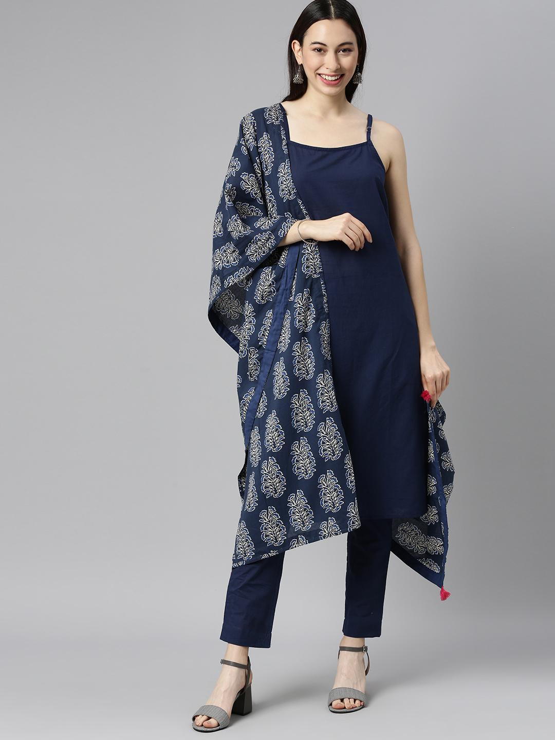 Buy Anouk Women Navy Blue Pure Cotton Kurta With Trousers & With ...