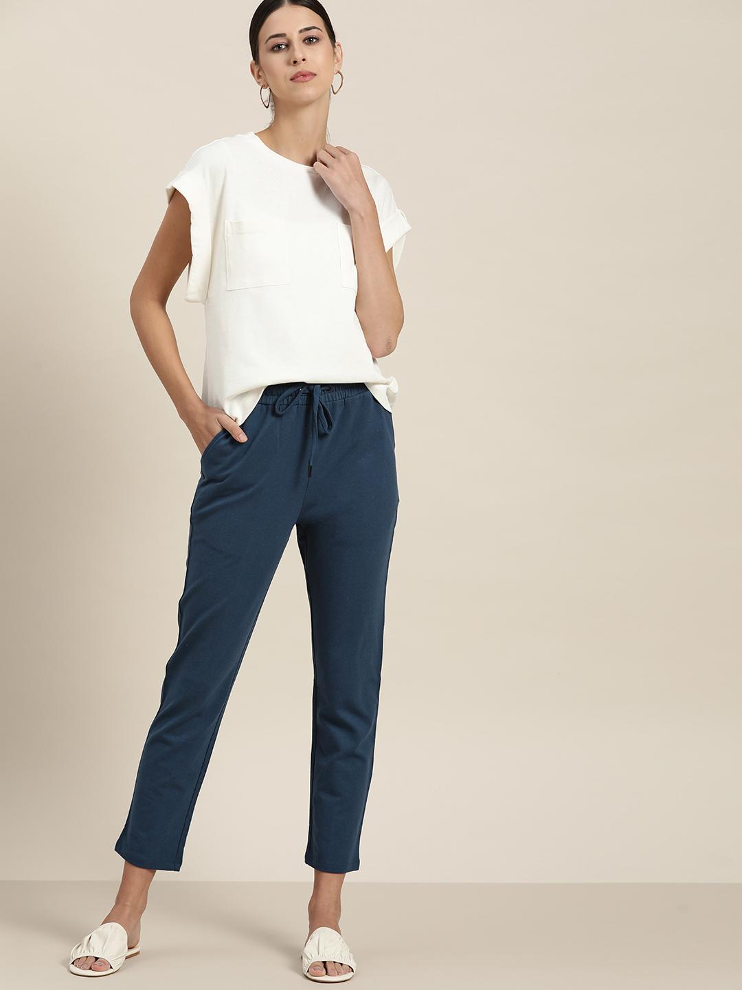 Buy Her By Invictus Women Navy Blue Solid Pure Cotton Track Pants ...