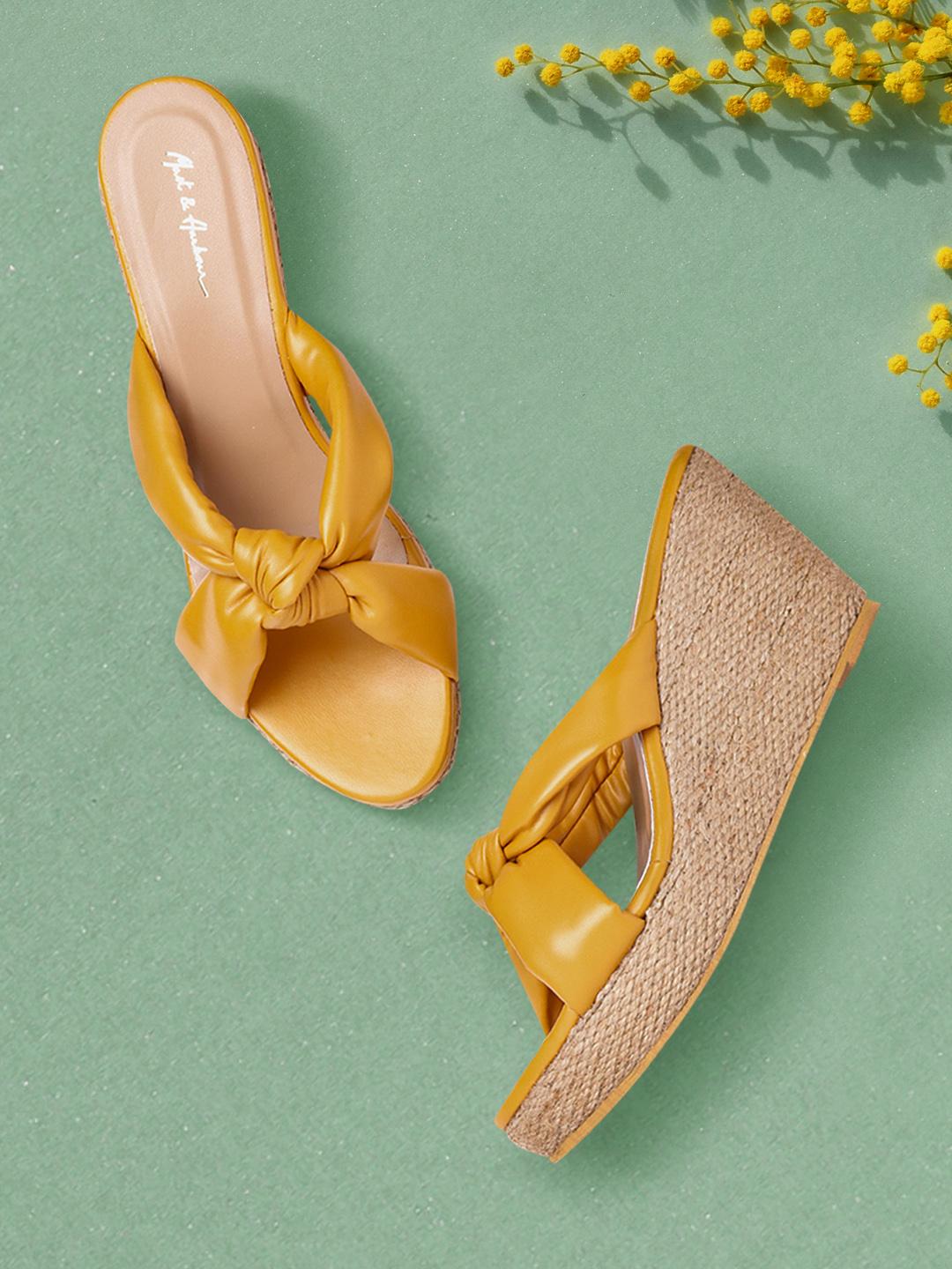Buy Mast & Harbour Women Mustard Yellow Solid Wedges With Knot Detail ...