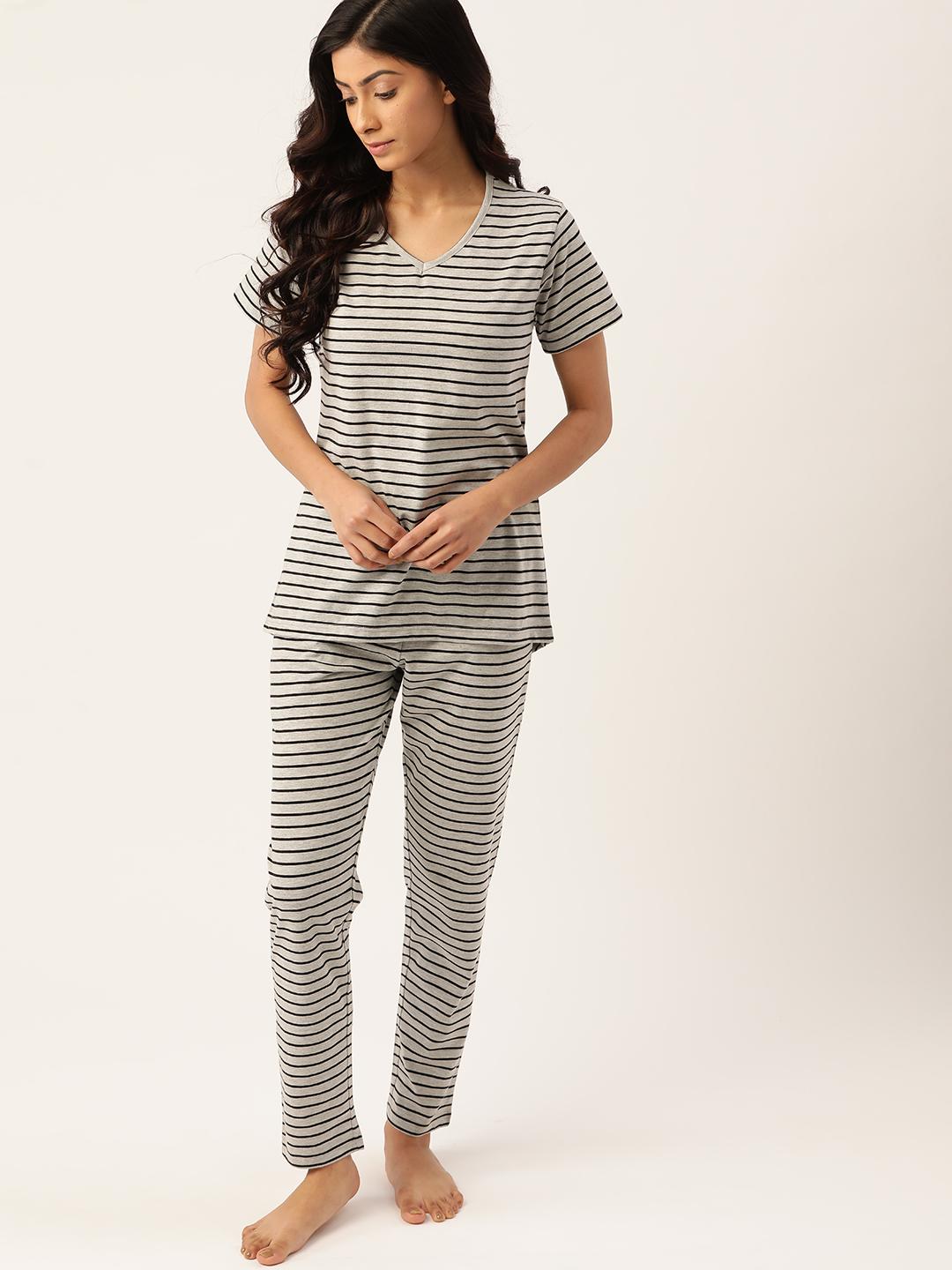 Buy ETC Women Grey & Black Striped Pure Cotton Night Suit - Night Suits ...