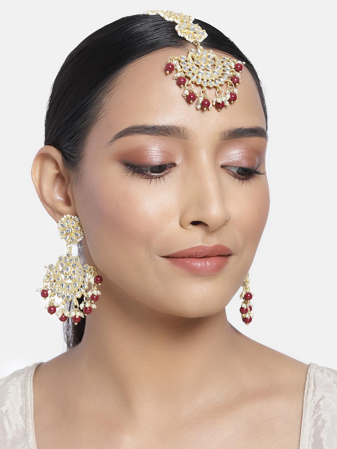 Buy I Jewels Gold Plated & Maroon Kundan Pearl Studded Handcrafted ...