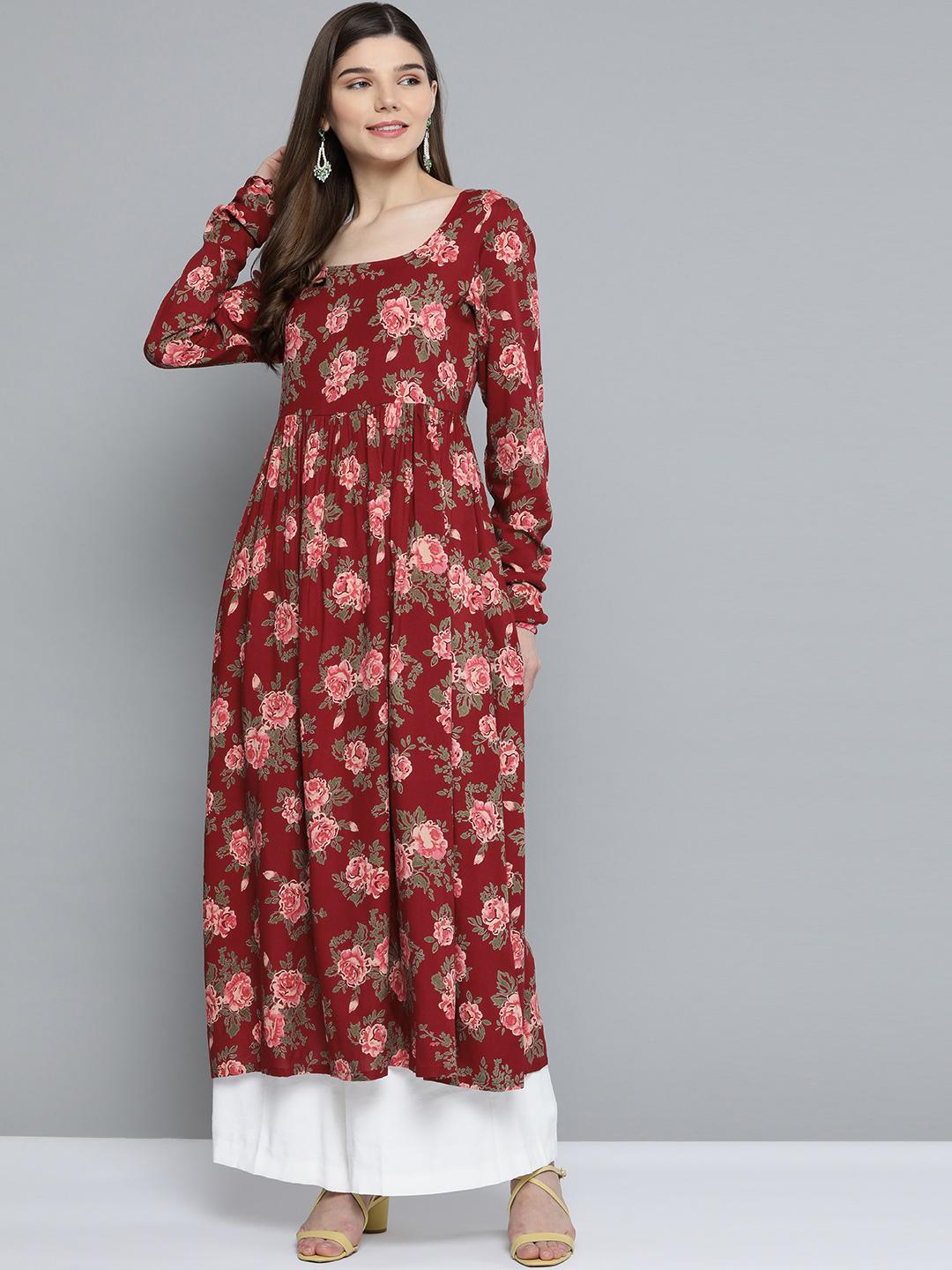 Buy HERE&NOW Women Maroon & Peach Coloured Floral Printed Floral Kurta ...