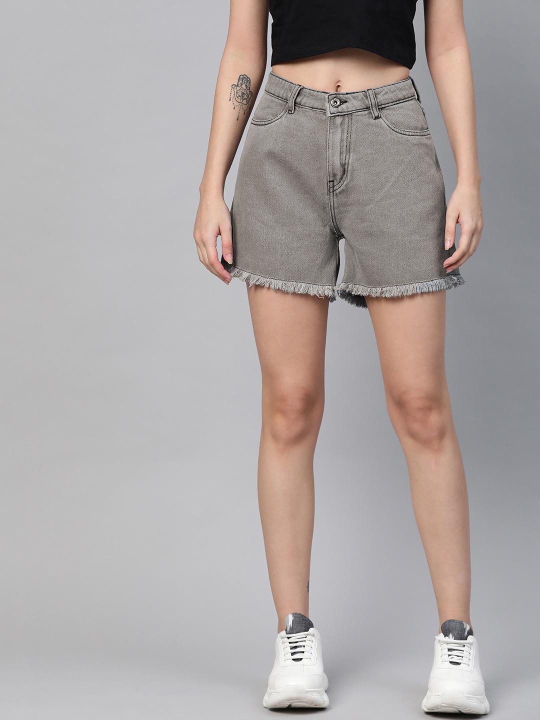 Buy Roadster Women Grey High Rise Loose Fit Denim Shorts - Shorts for ...