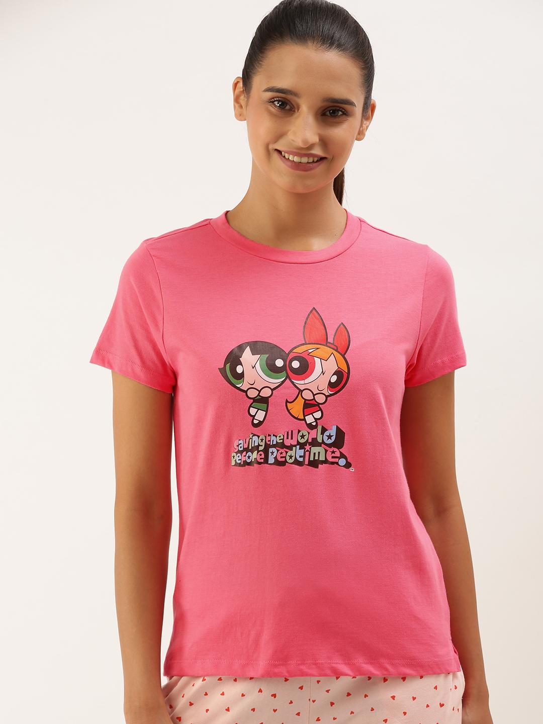 Buy Powerpuff Girls By Dressberry Women Pink Printed Lounge T Shirt ...