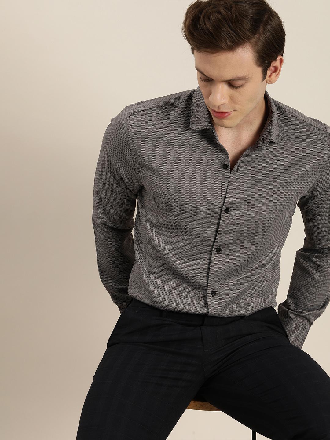 Buy INVICTUS Men Easy Care Grey & Black Self Design Formal Shirt ...