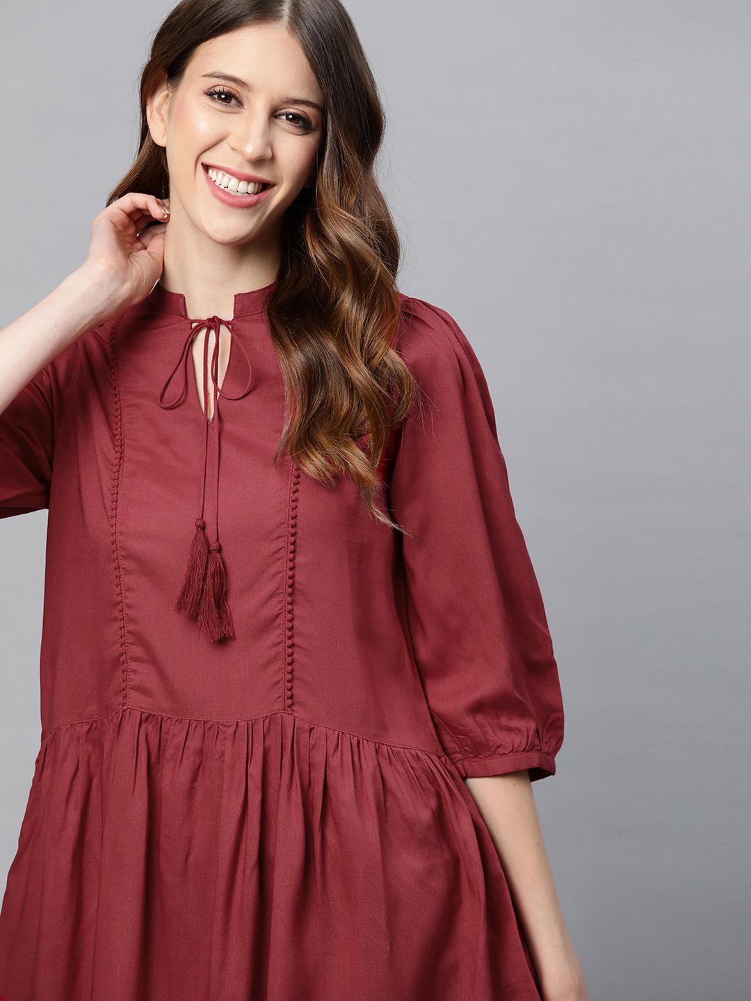 Buy Mast & Harbour Women Red Tie Up Neck Puff Sleeve A Line Top - Tops ...