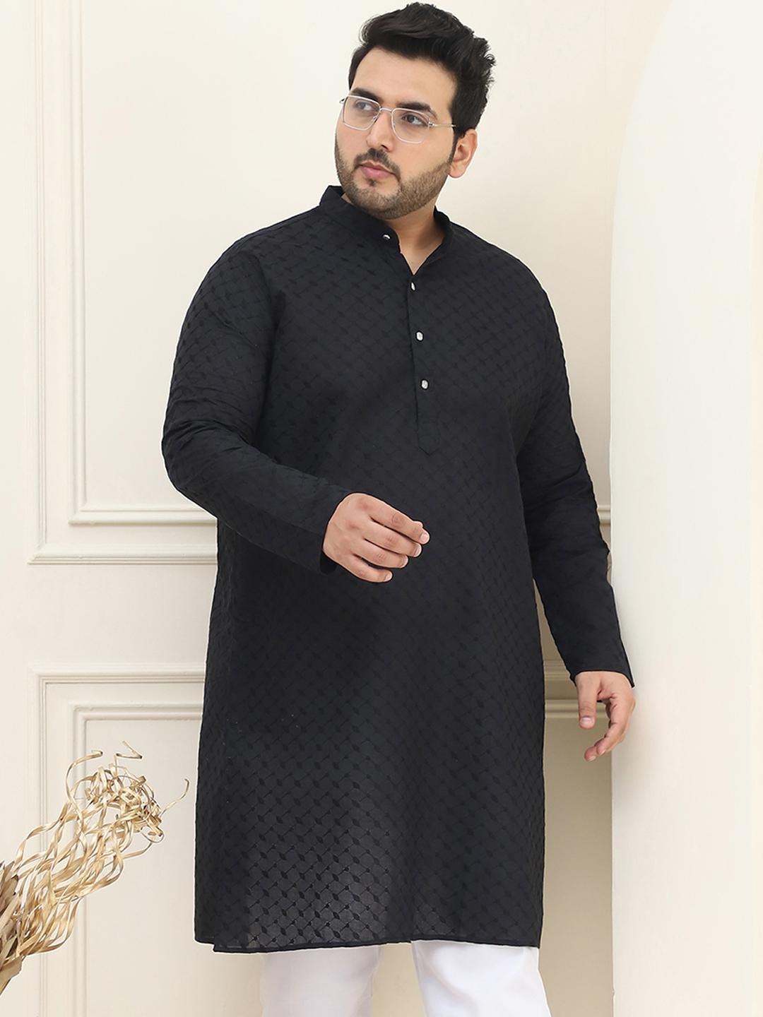 Buy SOJANYA PLUS Size Men Black Embroidered Pure Cotton Kurta - Kurtas ...