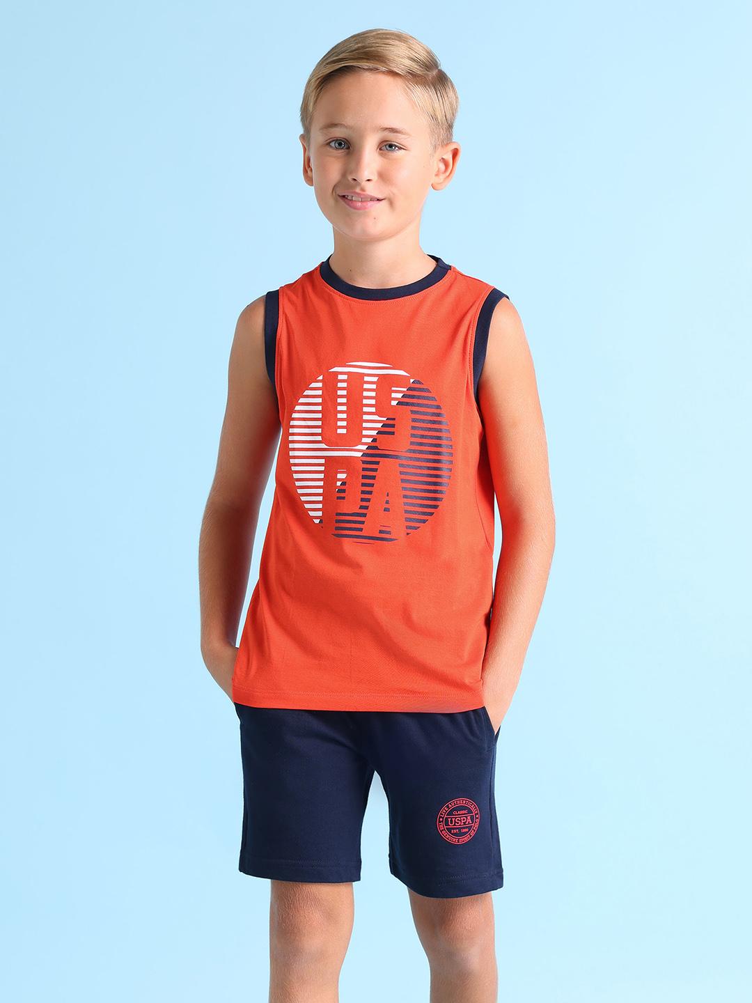 Buy U.S. Polo Assn. Kids Boys Rust Red Cotton Printed Round Neck ...