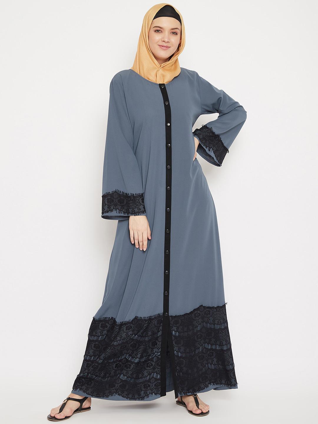 Buy MOMIN LIBAS Women Grey Solid Abaya Burqa With Lace Detail - Burqas ...