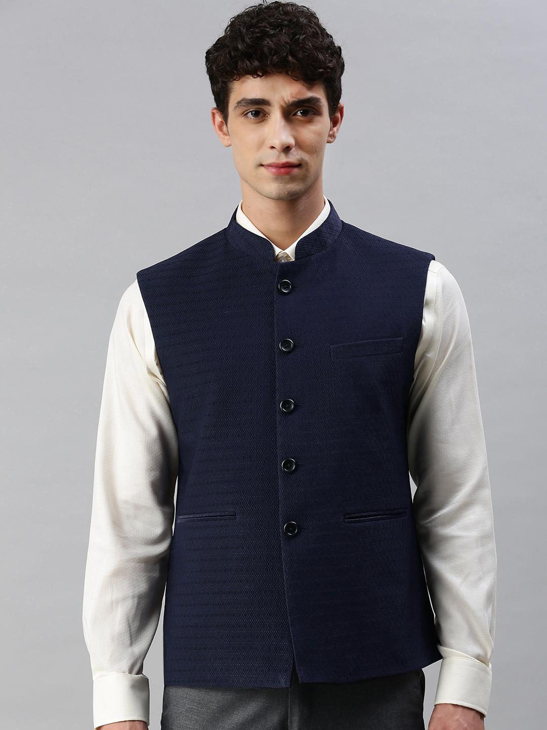 Buy Raymond Men Navy Blue Woven Design Waistcoat - Waistcoat for Men ...