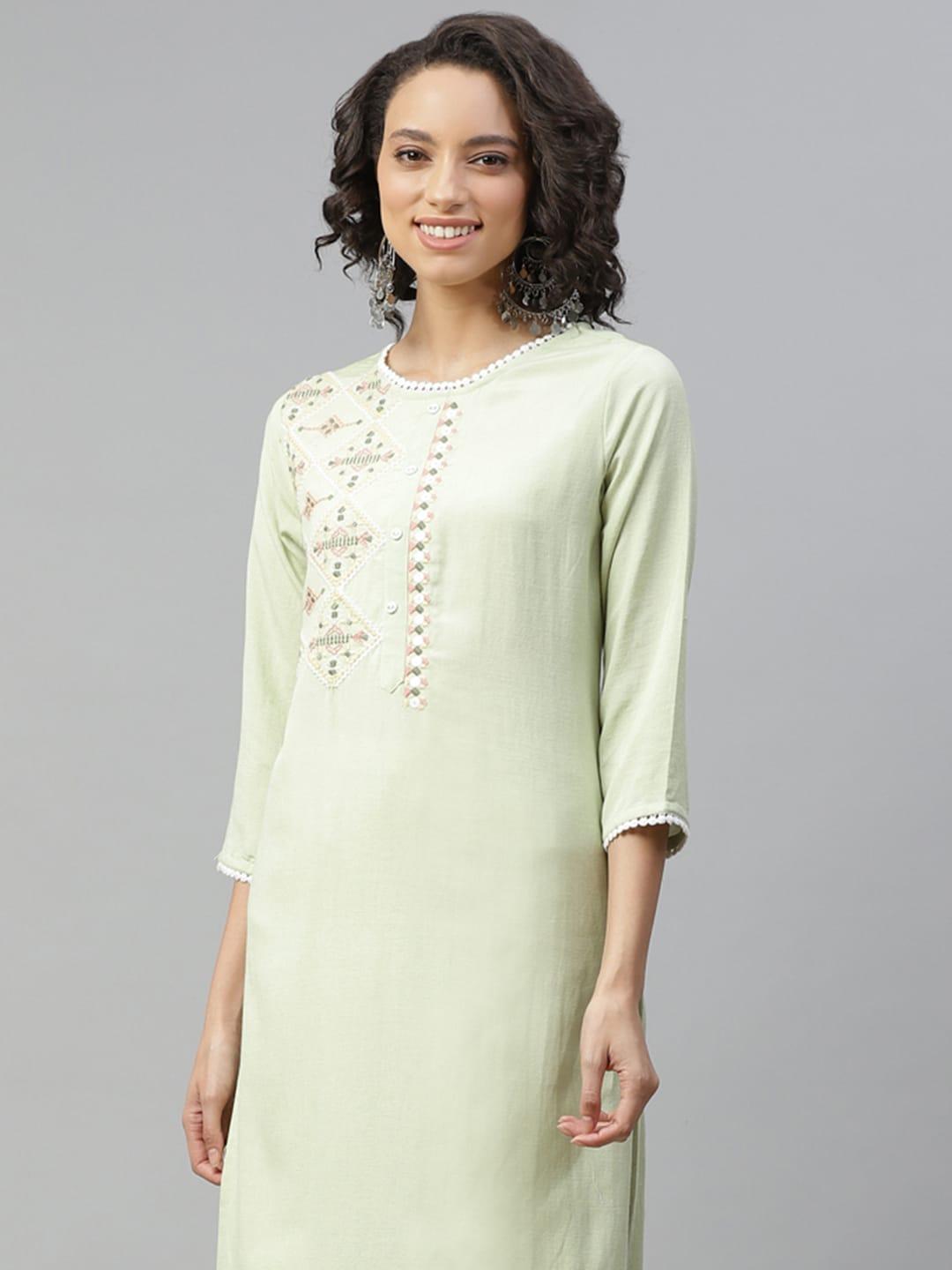 Buy HERE&NOW Women Mint Green Ethnic Motifs Embroidered Pastels Kurta ...