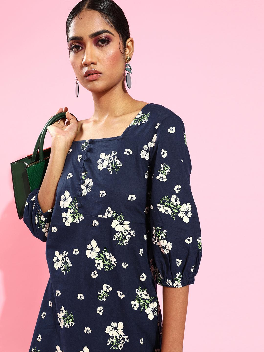 Buy HERE&NOW Navy Blue & White Floral Pure Cotton A Line Boxy Dress ...