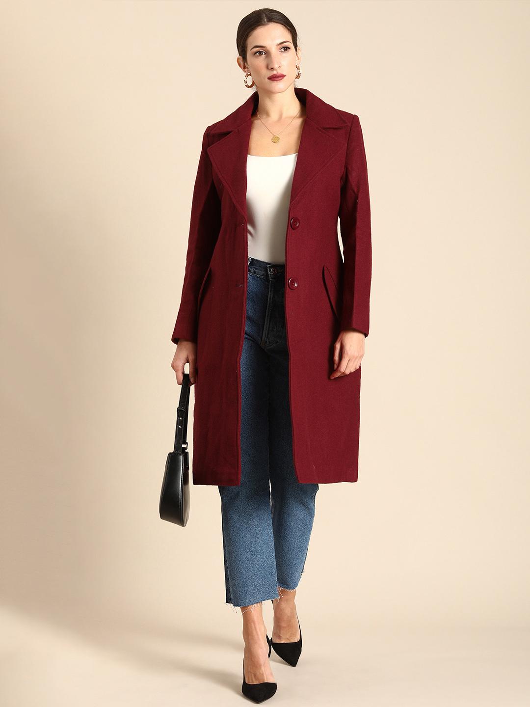 Buy All About You Women Maroon Notched Lapel Single Breasted Trench ...